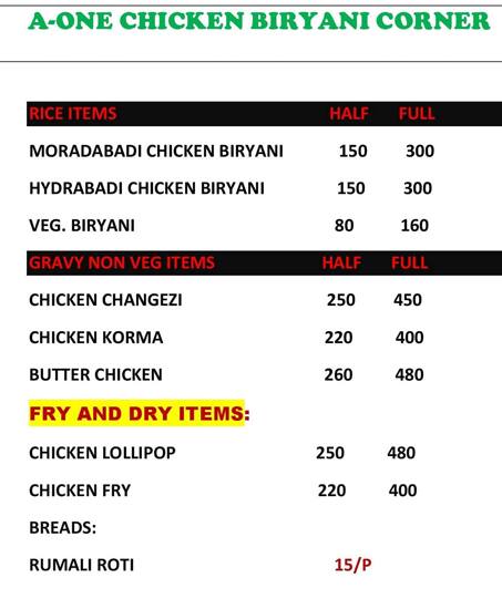 Menu of A One Chicken Biryani Corner, Patparganj, New Delhi