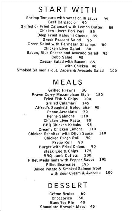 Menu at Mano's restaurant, Cape Town