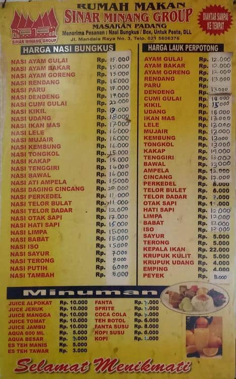 Sinar Minang Group Menu, Menu for Sinar Minang Group, Tomang, Jakarta ...