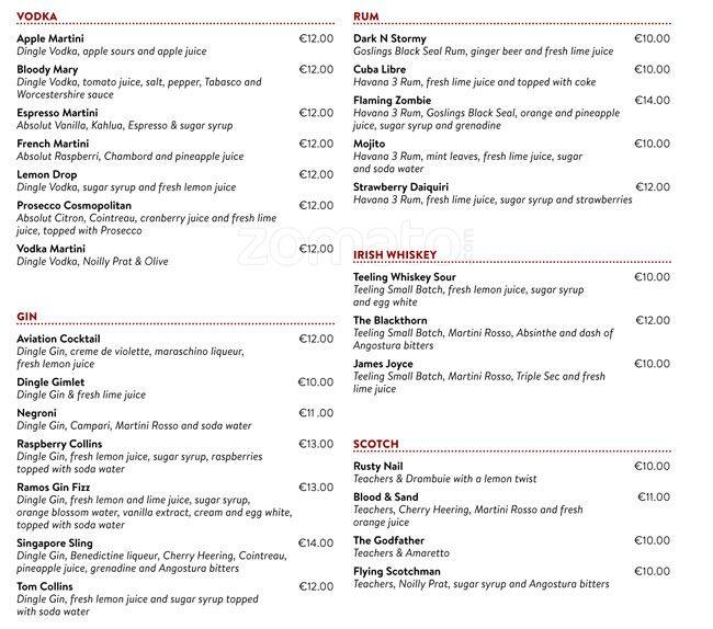 Menu at The Butchers Bar, Dublin