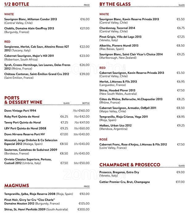 Menu at The Butchers Bar, Dublin
