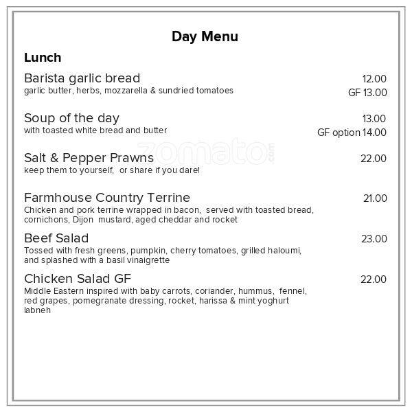 Menu at Barista, Palmerston North