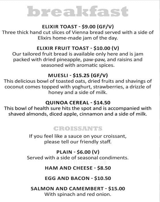 Menu at Cafe Elixir, Wanneroo