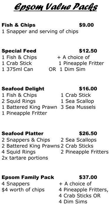 Menu at Epsom Fish & Chips restaurant, Redcliffe