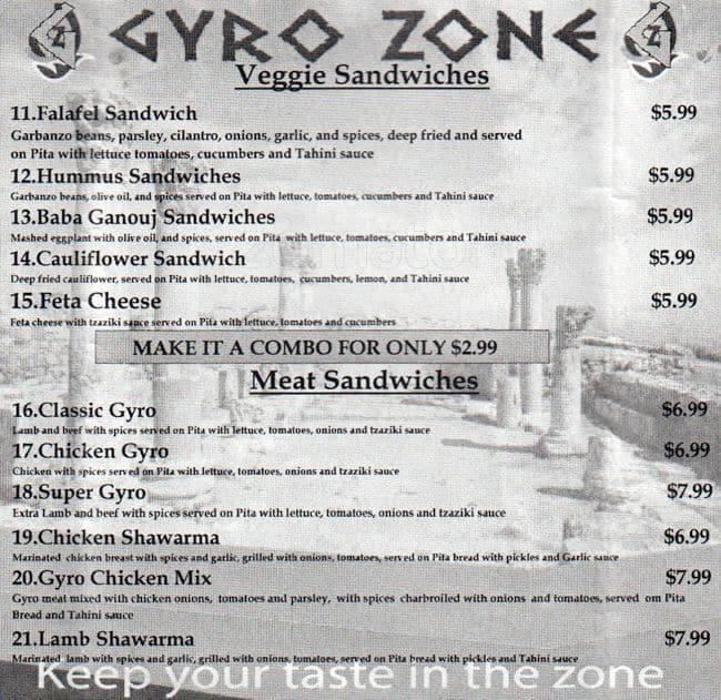 Menu at Gyro Zone restaurant, University Place