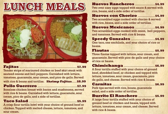 Menu at El Ranchero restaurant, Spencer
