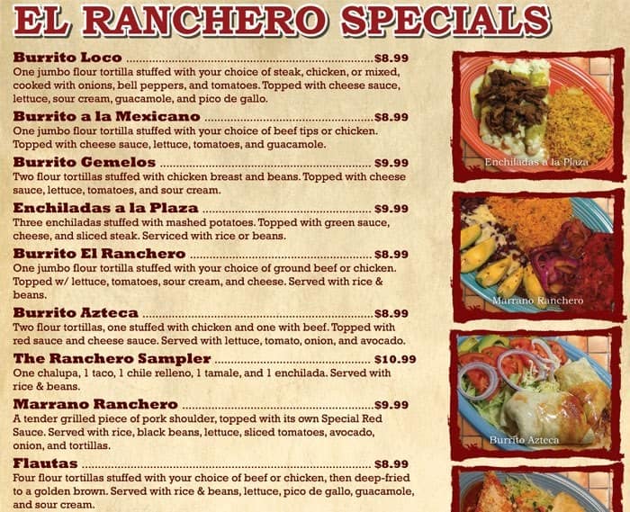 Menu at El Ranchero restaurant, Spencer