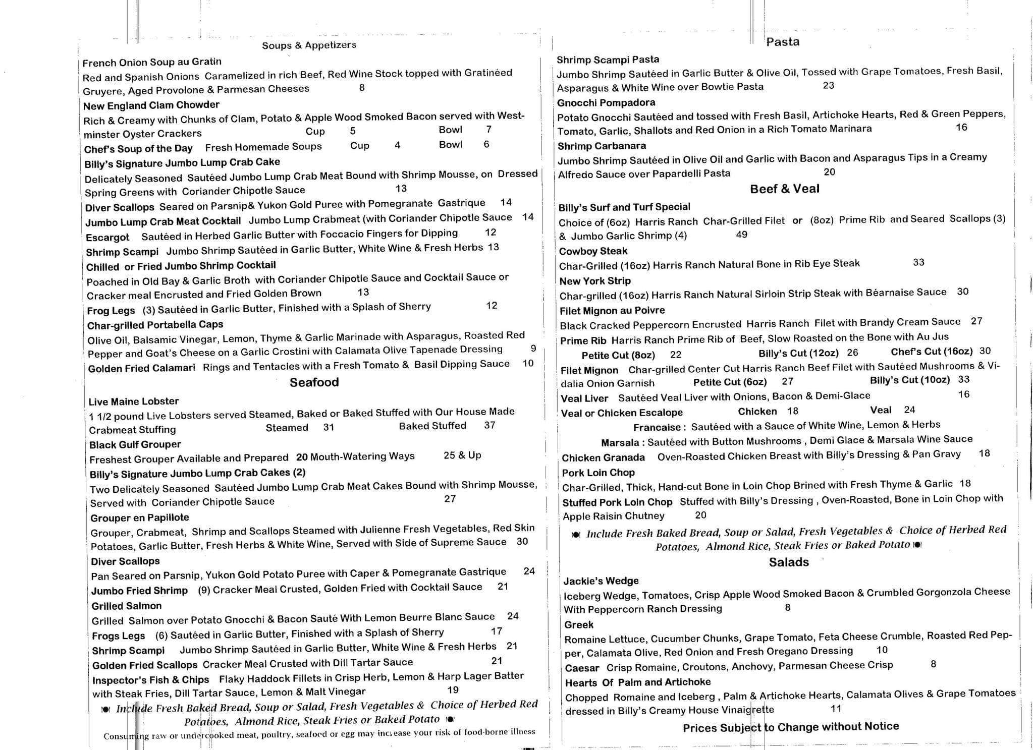 Menu at Billy's Tap Room & Grill pub & bar, Ormond Beach