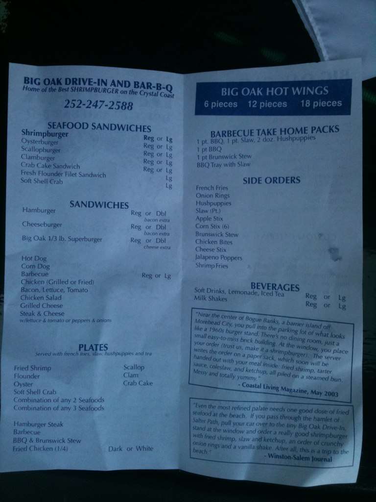 Menu at Big Oak Drive In & Bar-B-Que, Indian Beach