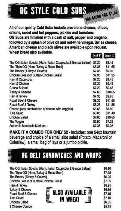 OG Subs Menu, Menu for OG Subs, Tallahassee, Tallahassee - Urbanspoon ...