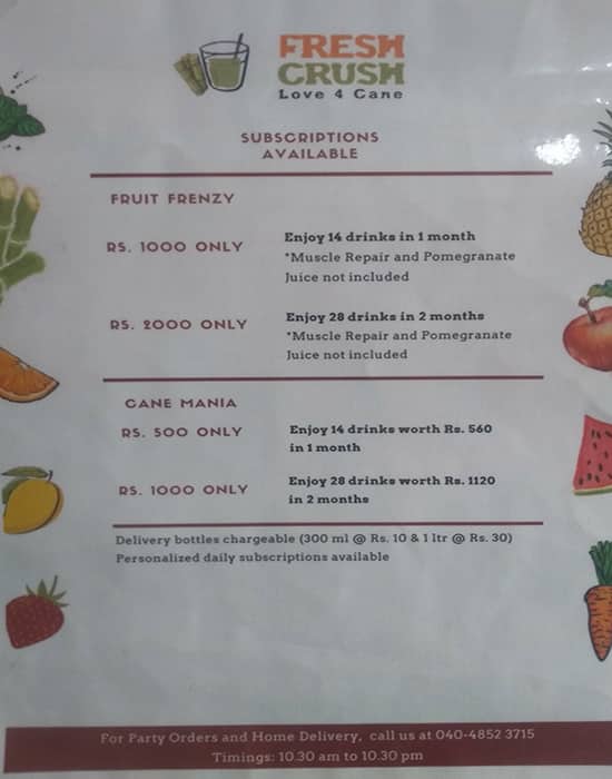 Menu at Fresh Crush, Hyderabad