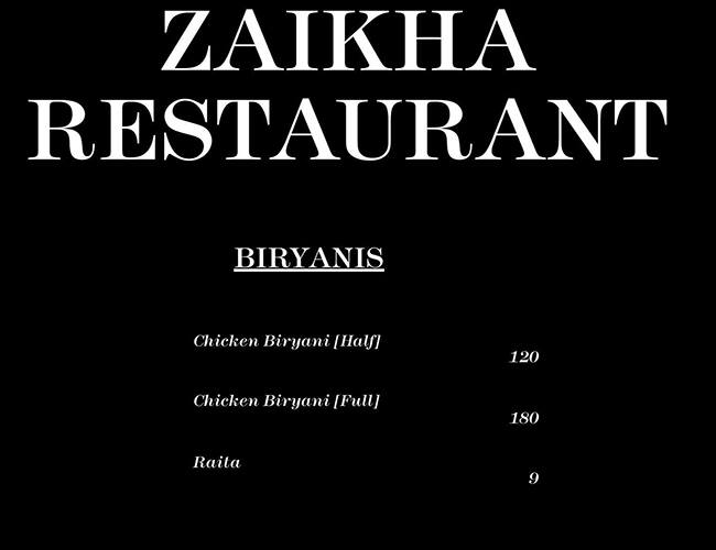Menu of Zaikha Restaurant, Charminar, Hyderabad
