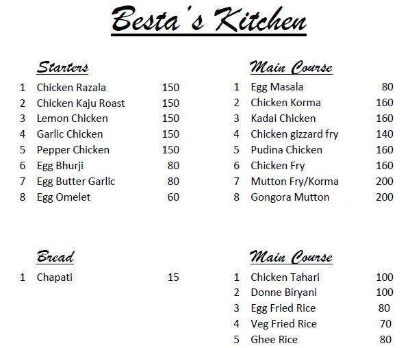 Menu of Besta's Kitchen, Jalahalli, Bangalore