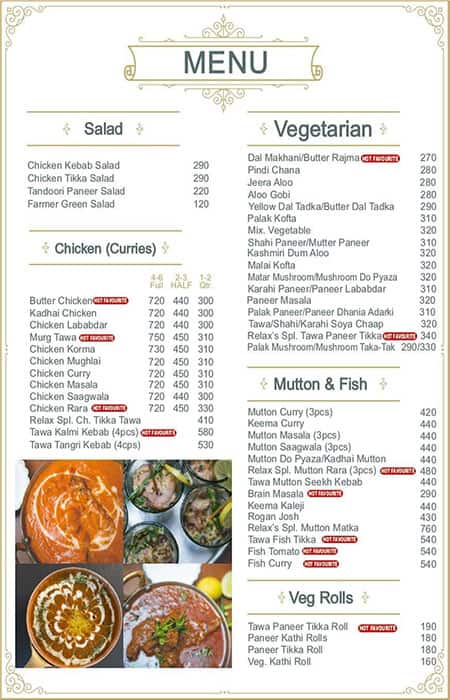Menu of Relax Restaurant, Sector 66, Gurgaon
