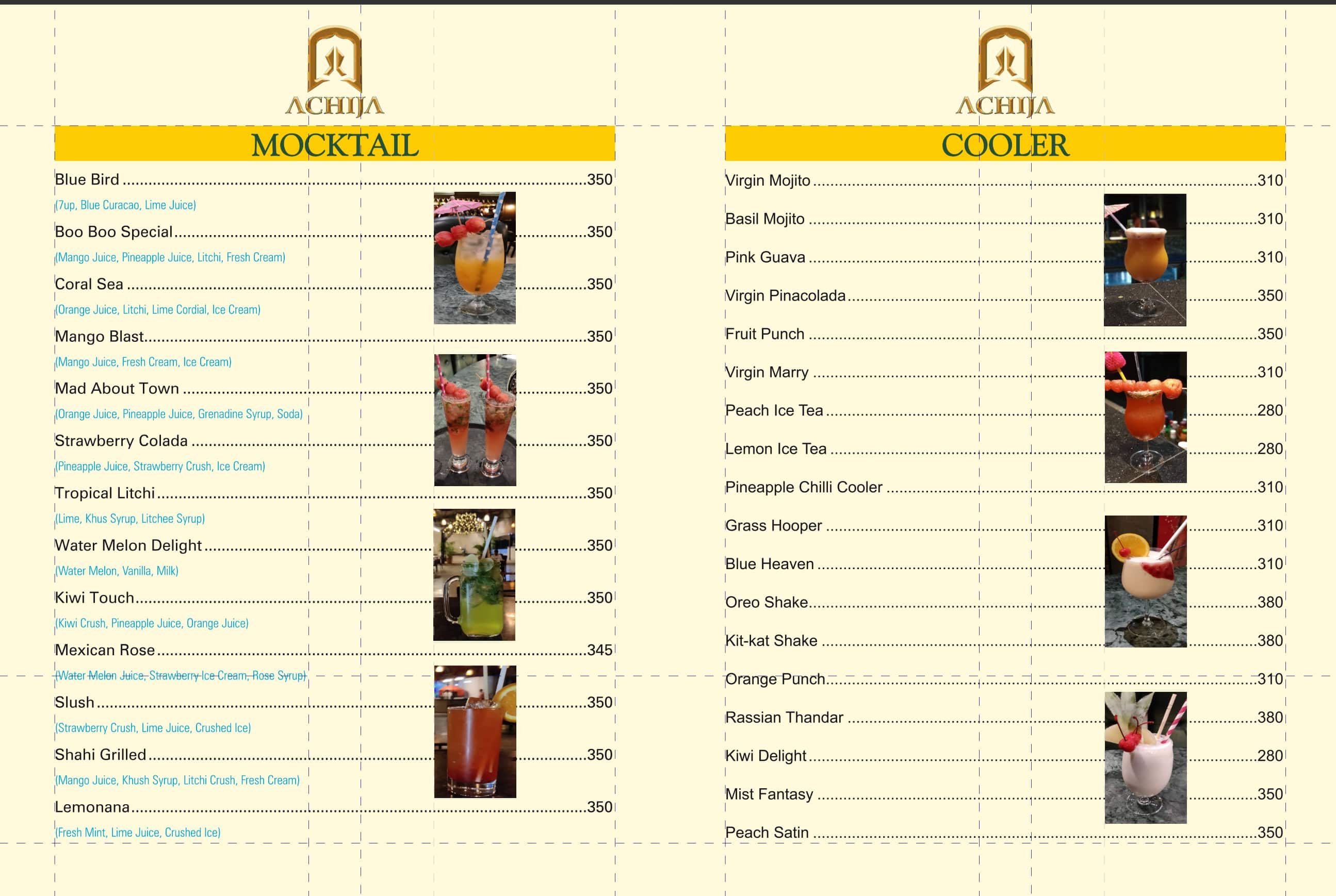 Menu of Achija, Lower Parel, Mumbai