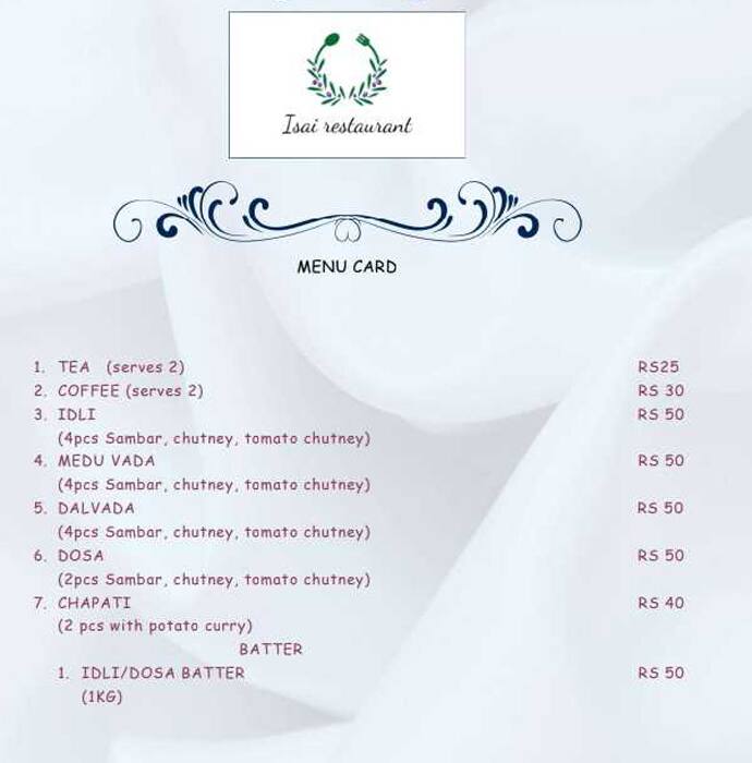 Menu of Isai Restaurant, Chembur, Mumbai