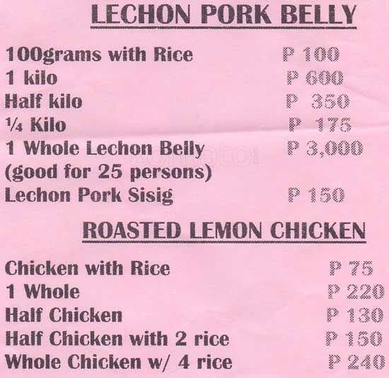 Carta del restaurante Lechon City, Parañaque, NAIA 1