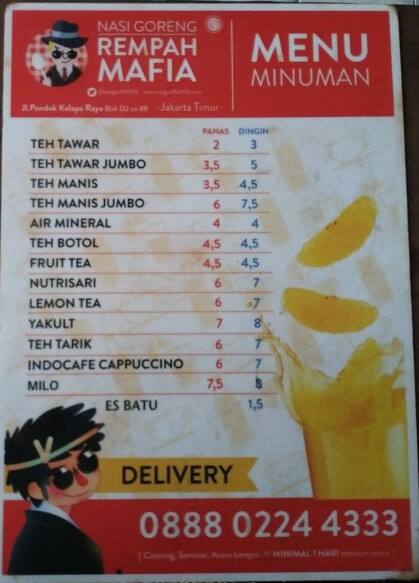 Menu at Nasi Goreng MAFIA Tebet restaurant, Jakarta, Jl. Tebet Raya No.27D