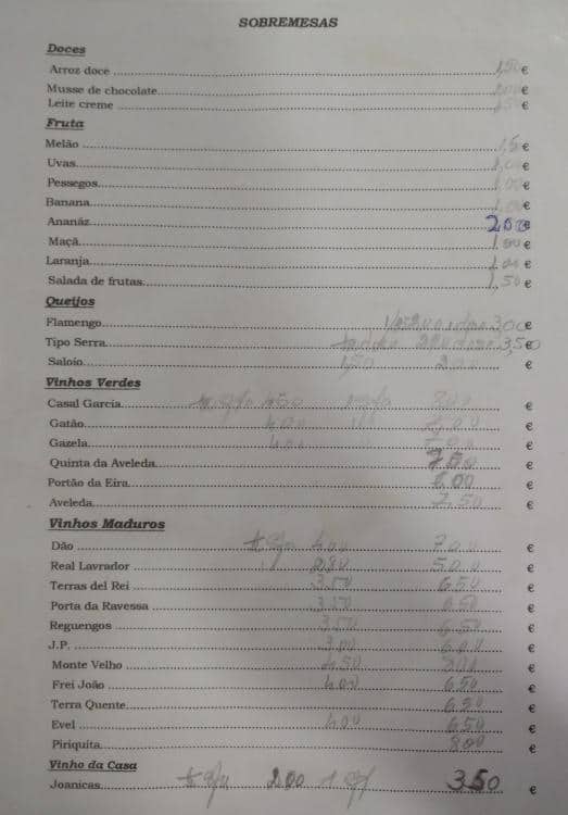 Menu at Sol Rio restaurant, Lisbon