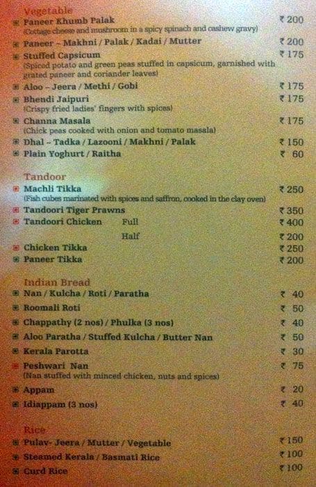 Menu at Regency, Kochi, Abad Plaza