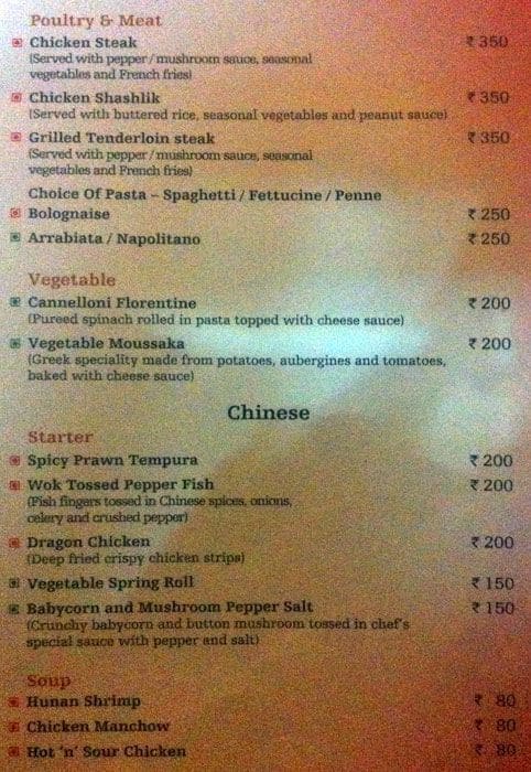 Menu at Regency, Kochi, Abad Plaza