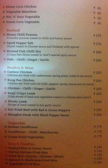 Menu at Regency, Kochi, Abad Plaza