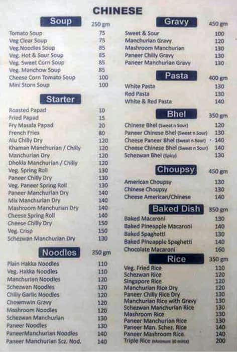 Menu of China Hut, Paldi, Ahmedabad