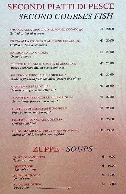 Menu at Vacanze Romane restaurant, Rome, Piazza Navona