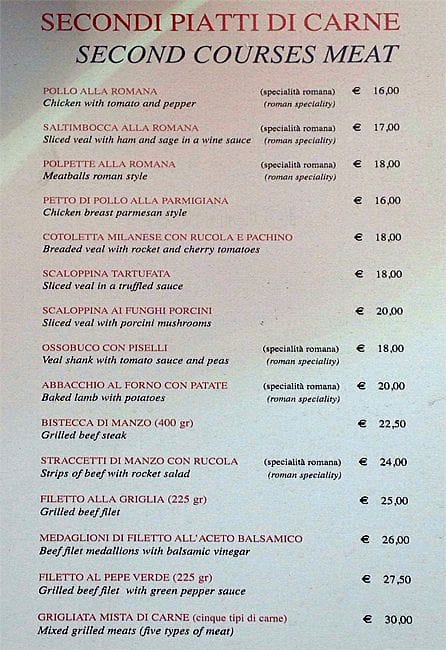 Menu at Vacanze Romane restaurant, Rome, Piazza Navona