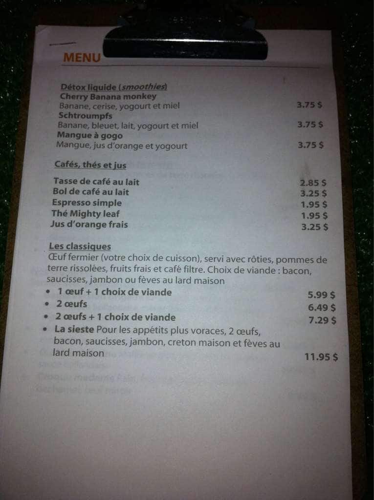 Menu au Brigade Volante, Montréal