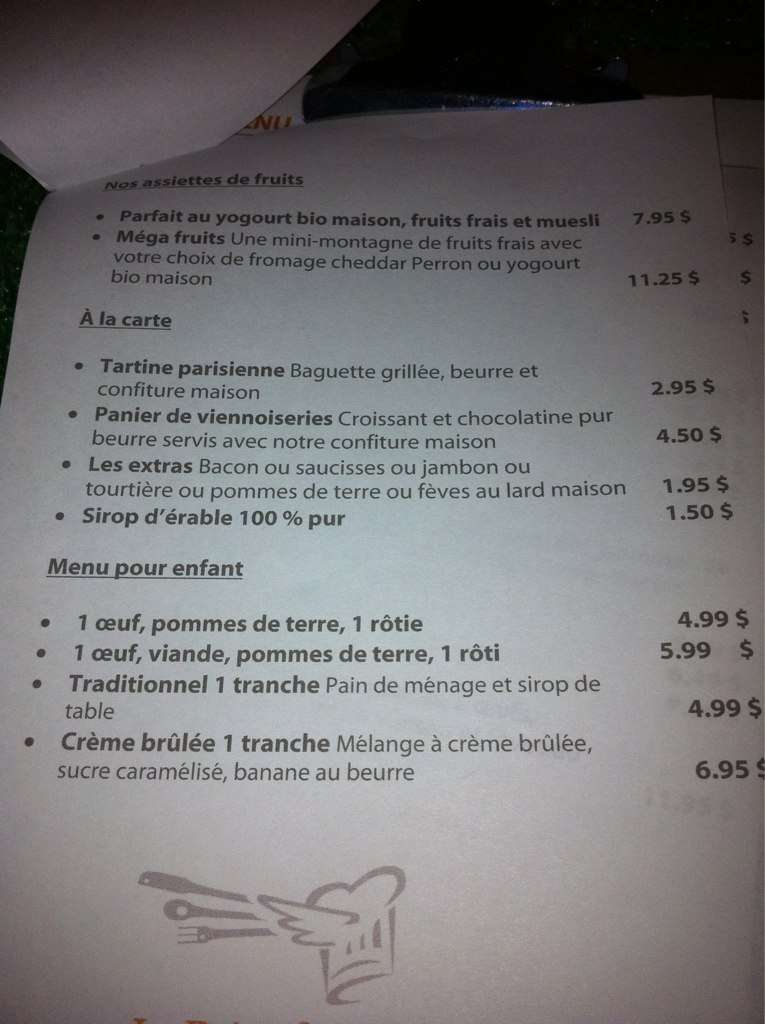 Menu au Brigade Volante, Montréal