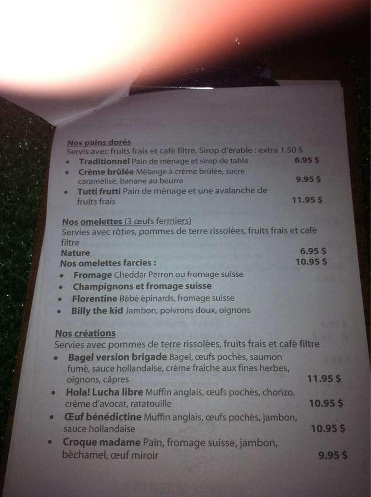 Menu au Brigade Volante, Montréal