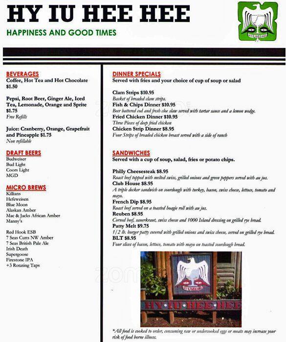 Menu at Hy Iu Hee Hee pub & bar, Gig Harbor