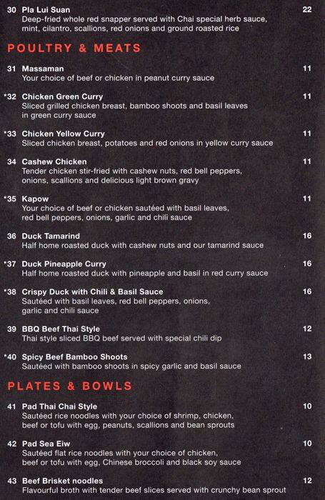 Menu at Chai Thai Kitchen restaurant, West New York, 930 8th Ave