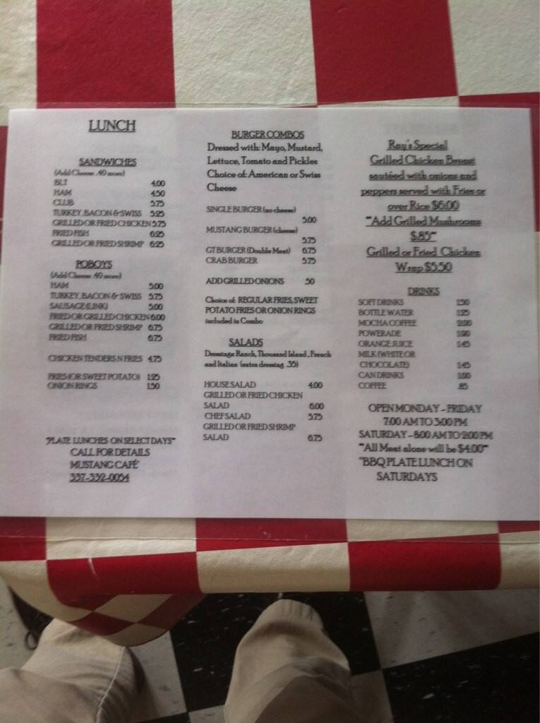 Carta de Aunt Bea's Mustang Cafe, Breaux Bridge