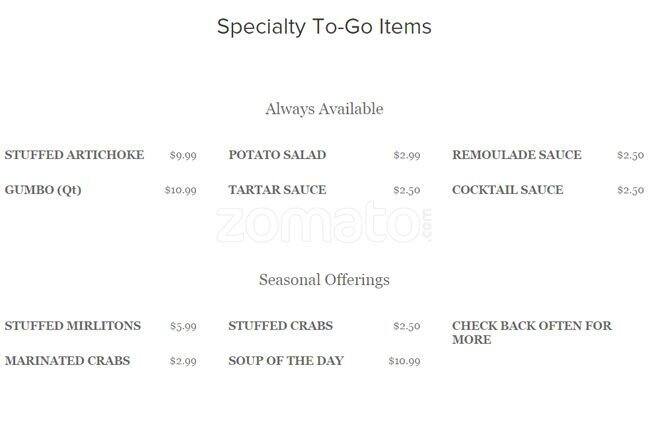 Menu at Bevi Seafood Co. restaurant, New Orleans, 236 N Carrollton Ave