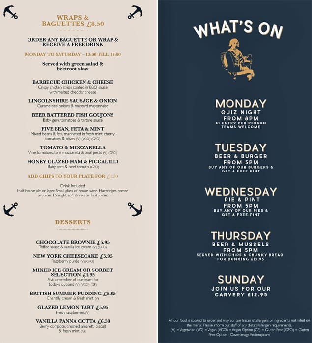 Menu at Admiral Rodney Southwell pub & bar, Southwell
