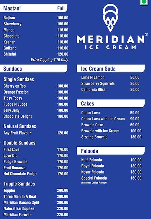 Menu of Meridian Ice Cream, Bavdhan, Pune