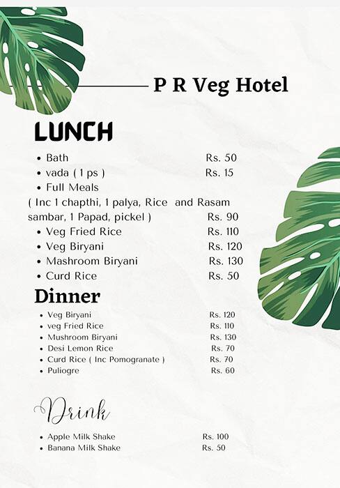 Menu of PR Veg Hotel, Vijay Nagar 2nd Stage, Mysore