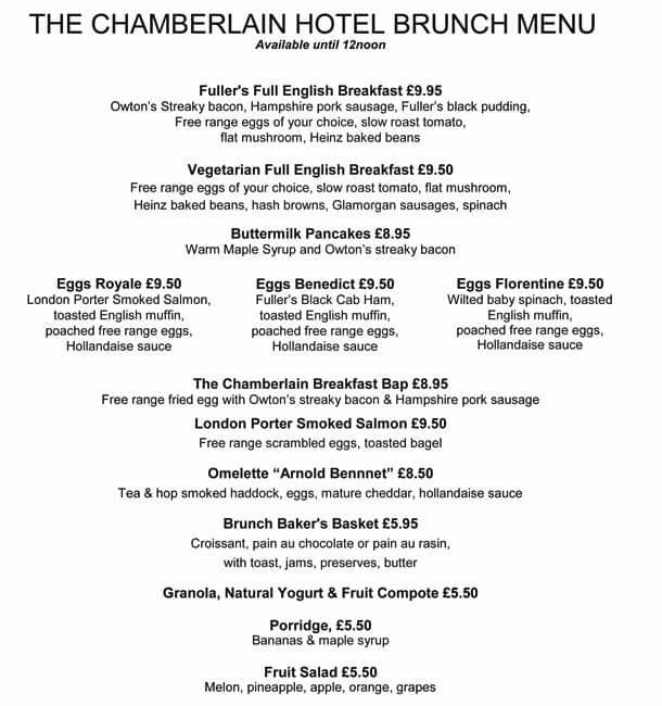 Menu at The Chamberlain Hotel, Tower Bridge pub & bar, London