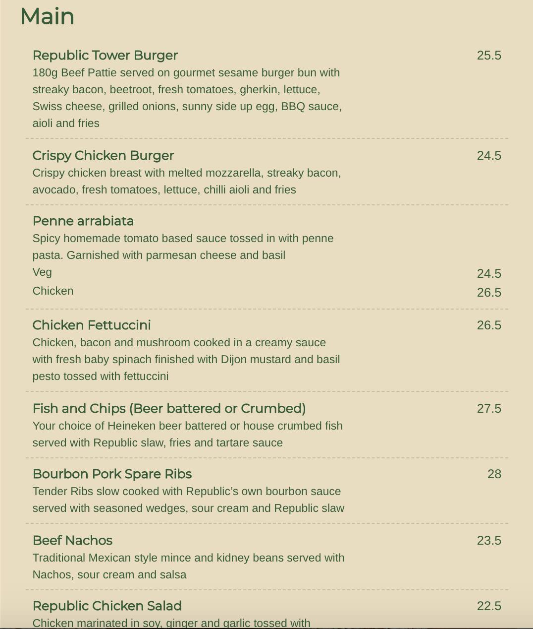 Menu at Republic Bar and Kitchen, Auckland