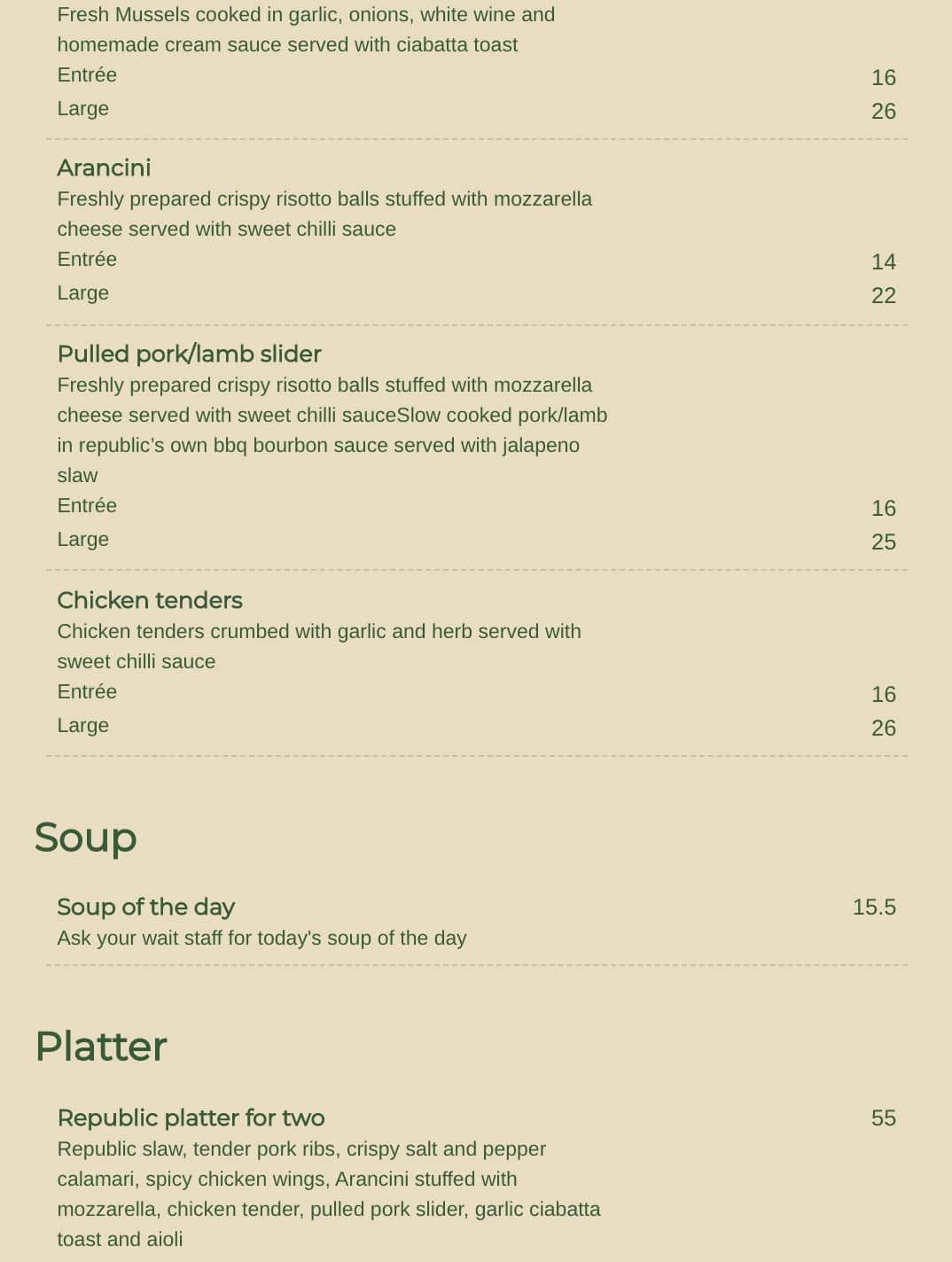 Menu at Republic Bar and Kitchen, Auckland