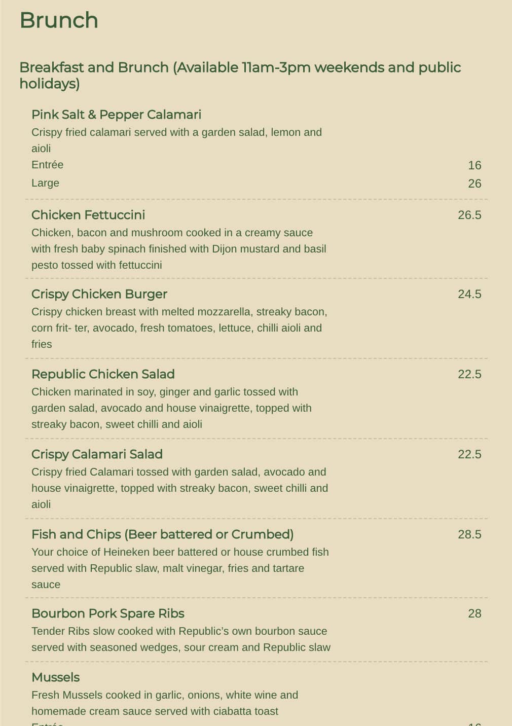 Menu at Republic Bar and Kitchen, Auckland