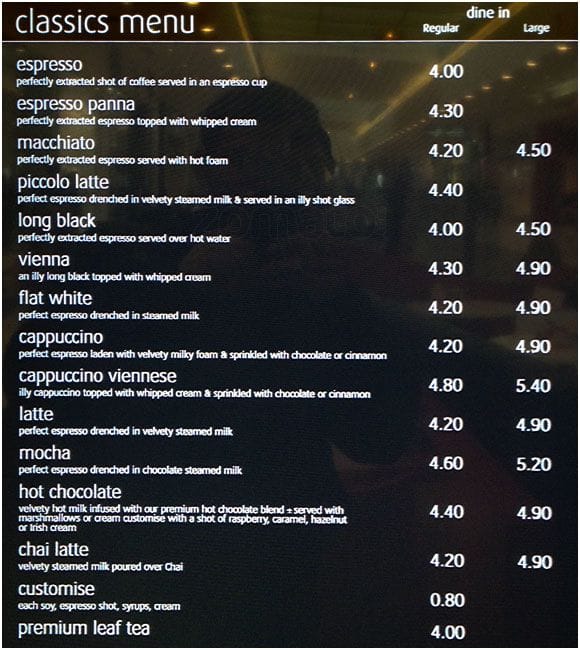 Menu at Illy Espresso Bar, Christchurch, 129 Riccarton Rd