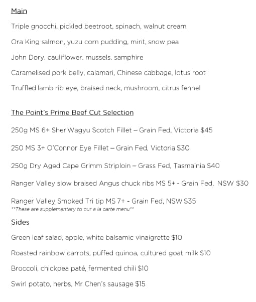 Menu at The Point cafe, Albert Park, 9 Aquatic Dr