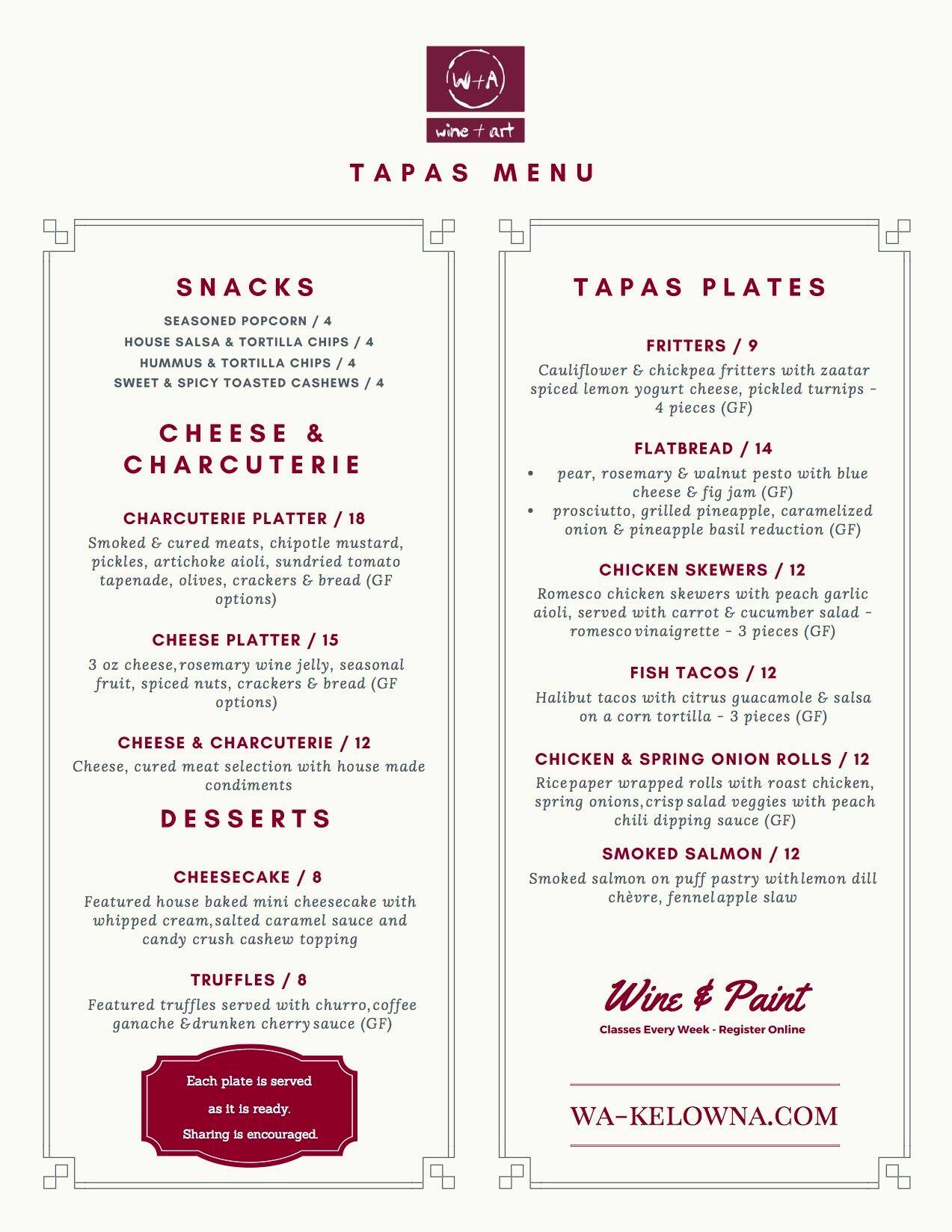 Menu au Wine & Art & Wilbur's Piano Bar, Kelowna