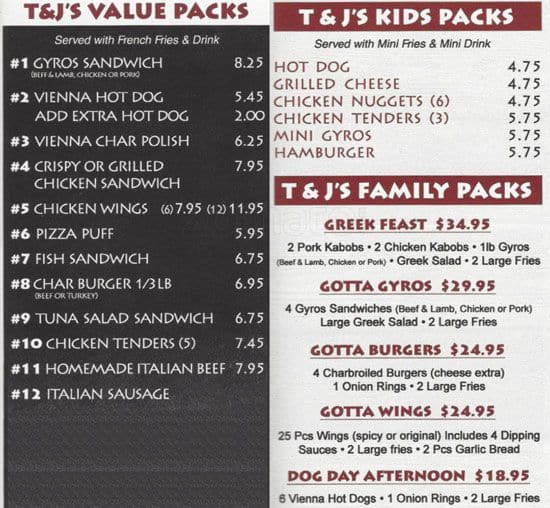 Menu at Tom & Jerry's fast food, Chicago, W Montrose Ave