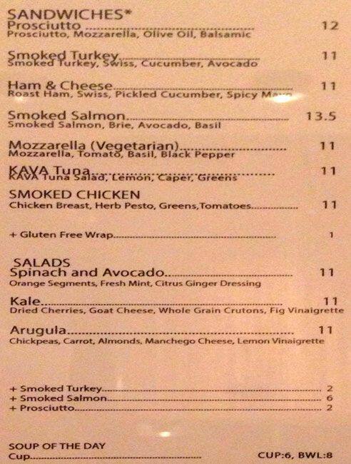 Menu at Kava Cafe, New York City