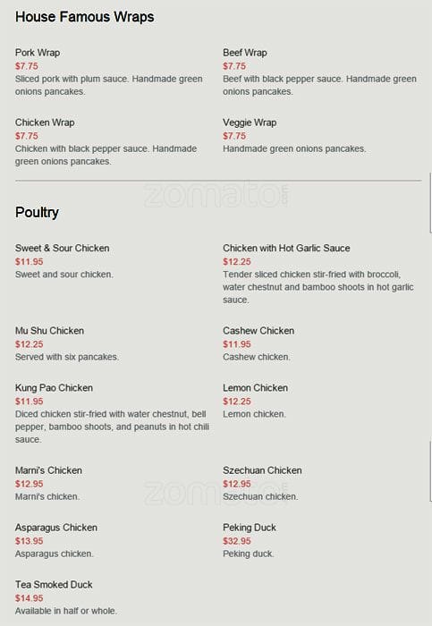 Menu at China Stix restaurant, Santa Clara