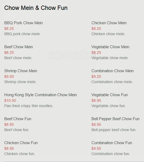 Menu at China Stix restaurant, Santa Clara